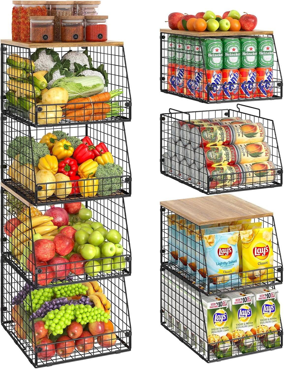4 Pack Stackable Wire Baskets with Fixed Wooden Top, Vegetable Fruit ...