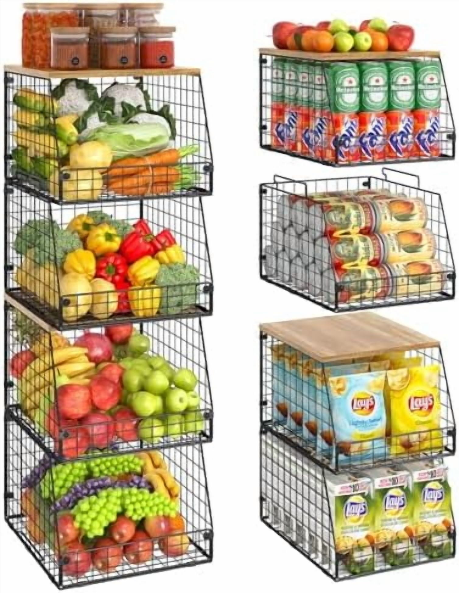 4 Pack Stackable Wire Baskets with Fixed Wooden Top, Vegetable Fruit ...