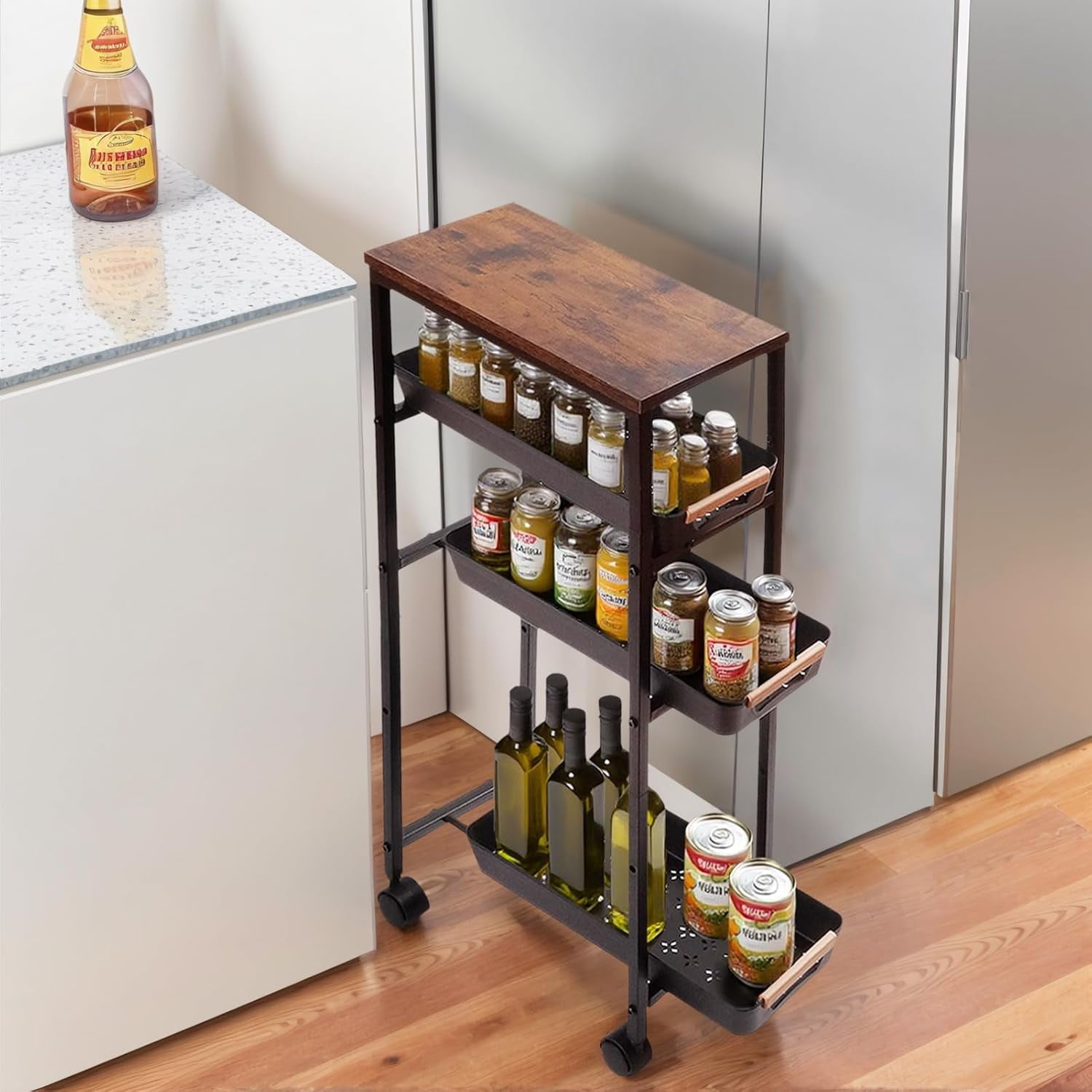 Laundry Small Rolling Cart Organizer with Wood Top, 5 Tier Narrow ...