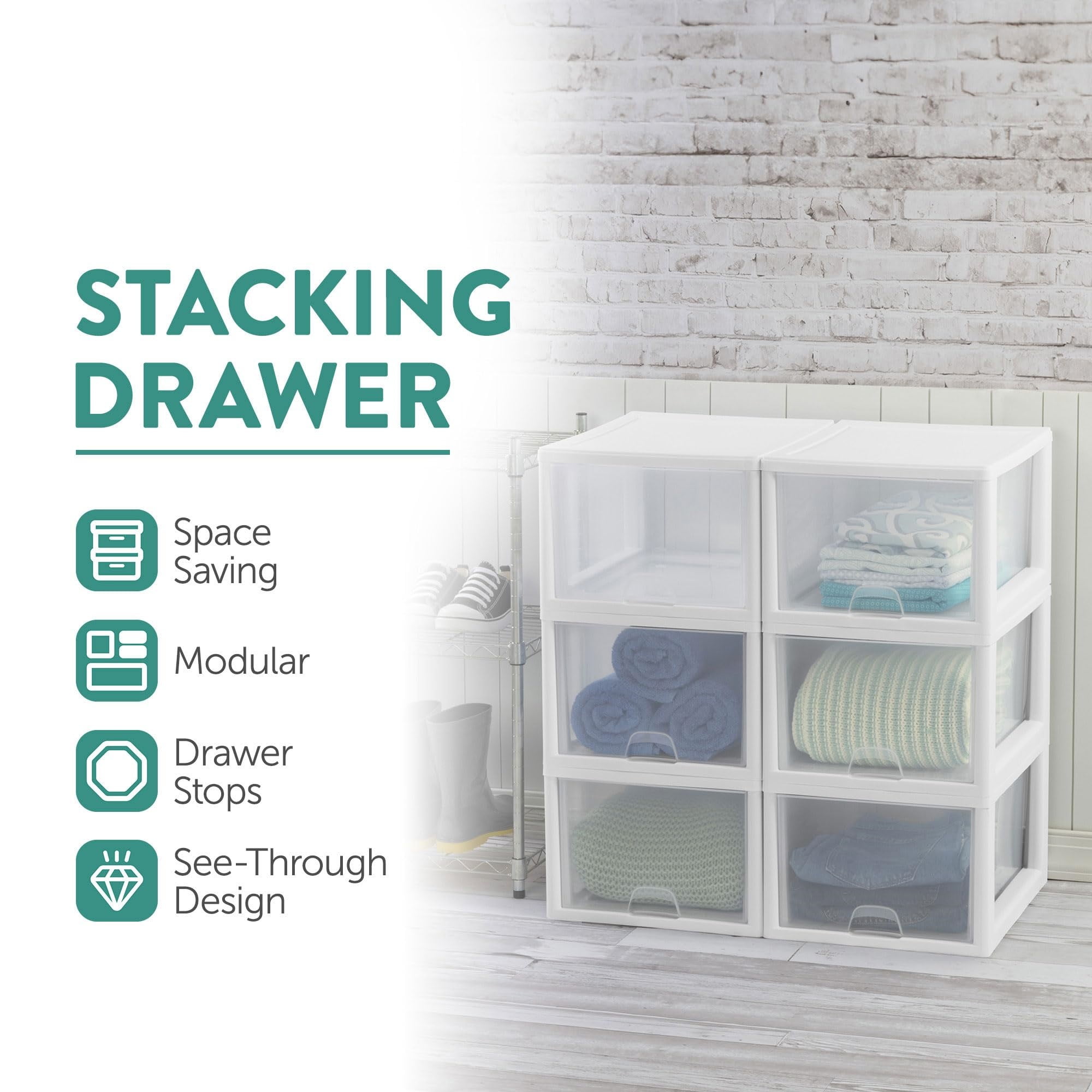 4-Pack Stacking Drawer, 27 Quart, Clear Storage Closet Organizer, White ...