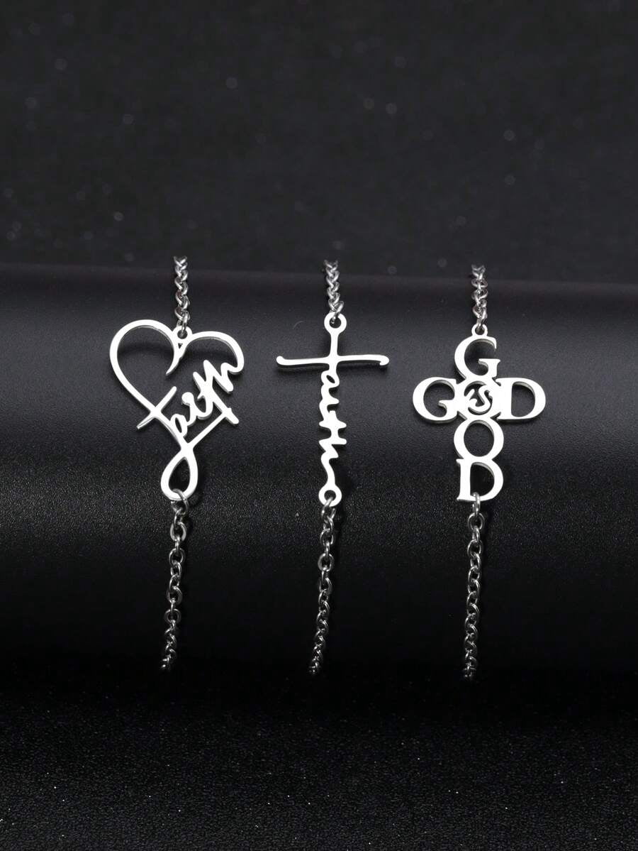 4-Pack Stainless Steel Faith Cross Bracelets with Heart, Grace & God ...