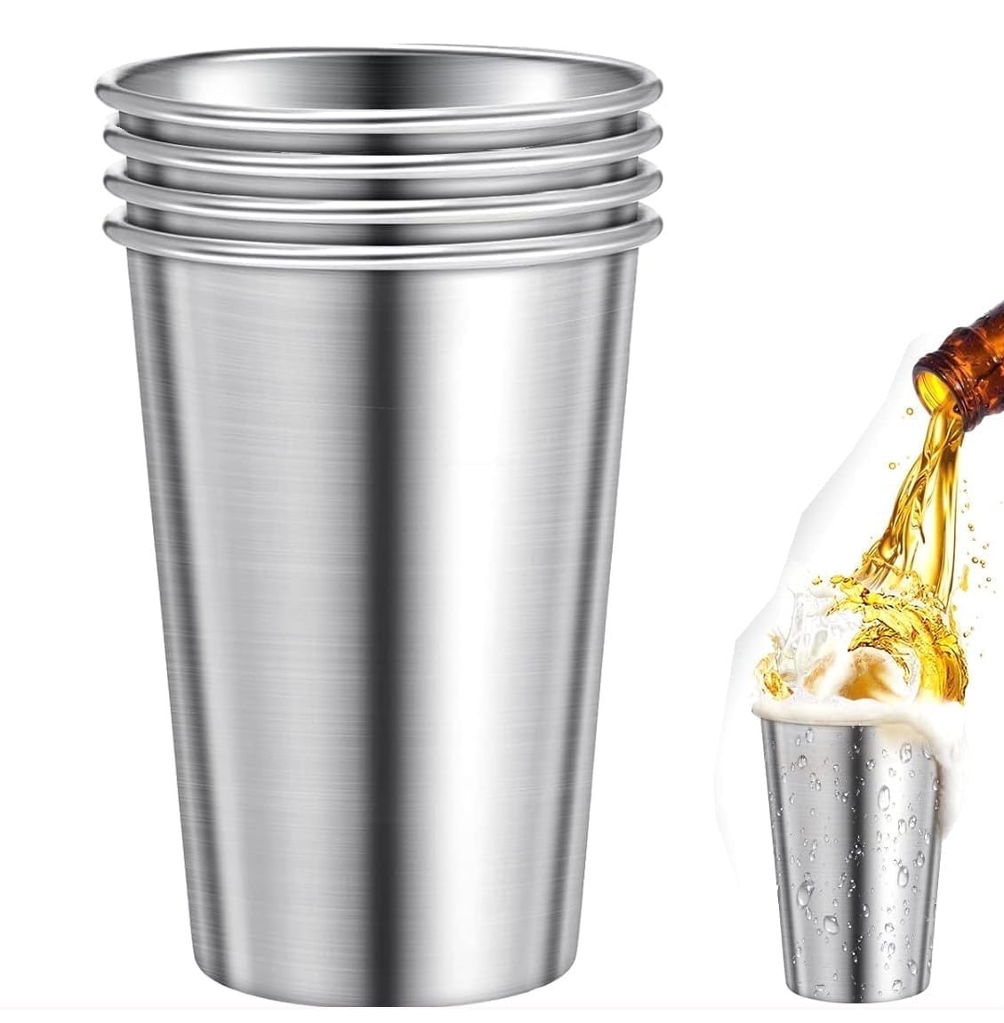Wattne 4 Pack Stainless Steel Drinking Cups, 16oz Shatterproof Metal ...