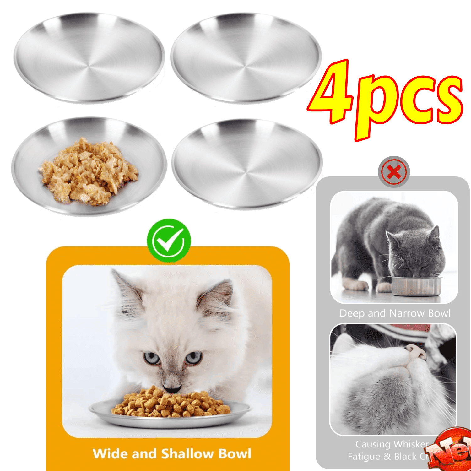 4-Pack Stainless Steel Shallow Cat Bowls, Whisker-Friendly Cat Food ...