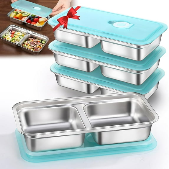 4 Pack Stainless Steel Snack Containers | 2 Compartment Food Storage ...