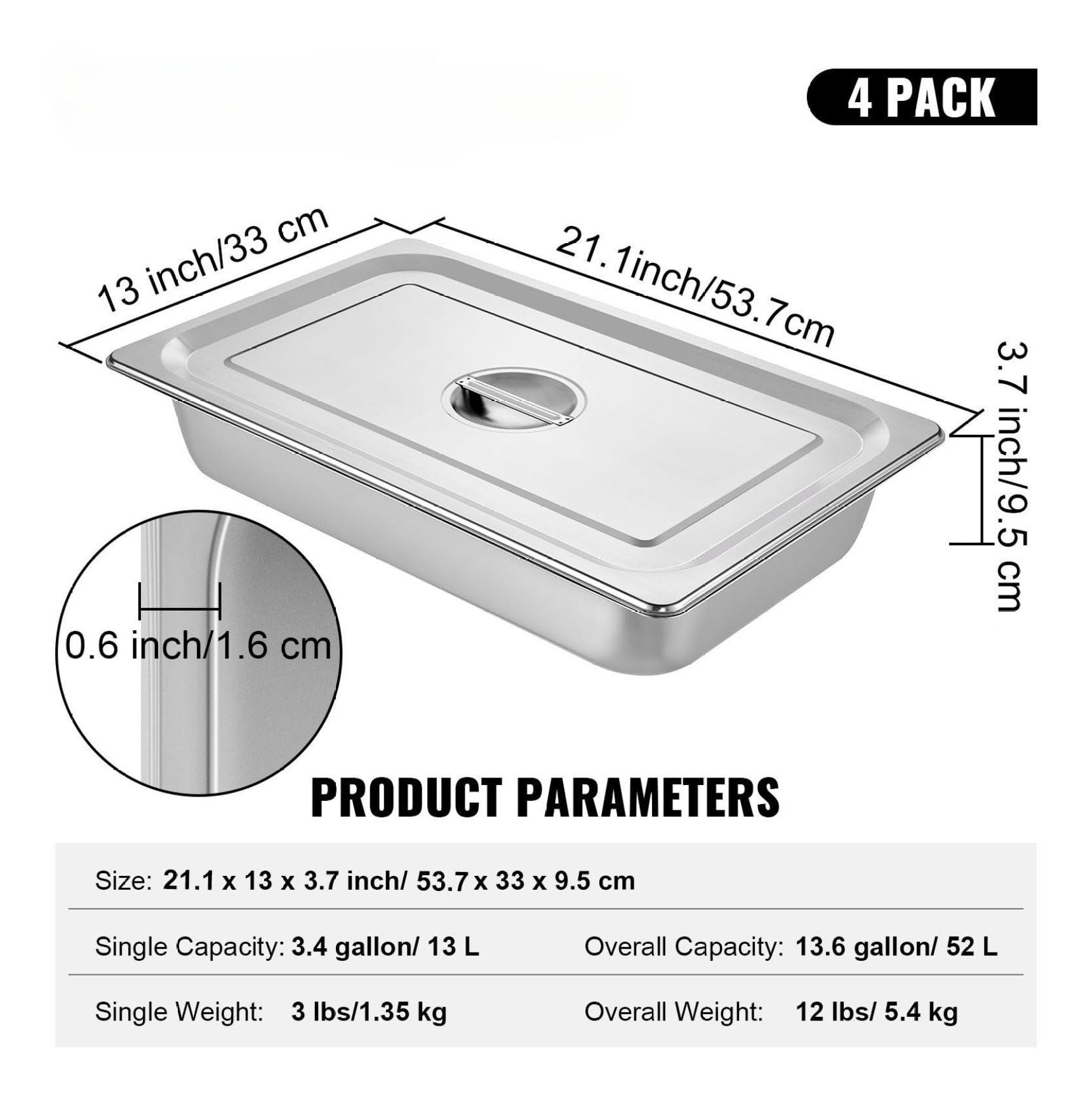 4-Pack Stainless Steel Steam Table Pans - 20.9x12.8x3.9 Inch, 13L Deep, Anti-Jam Design, for ...