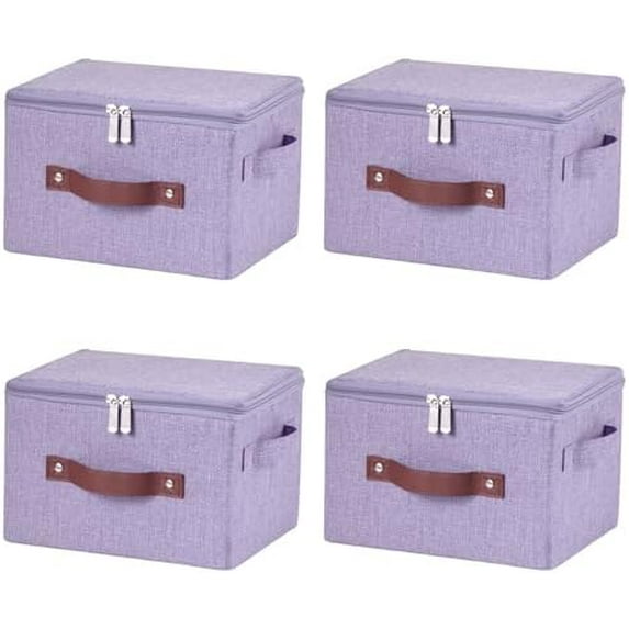 4 Pack Storage Bins with Zipper Lid Cotton Linen Fabric Lidded Storage ...
