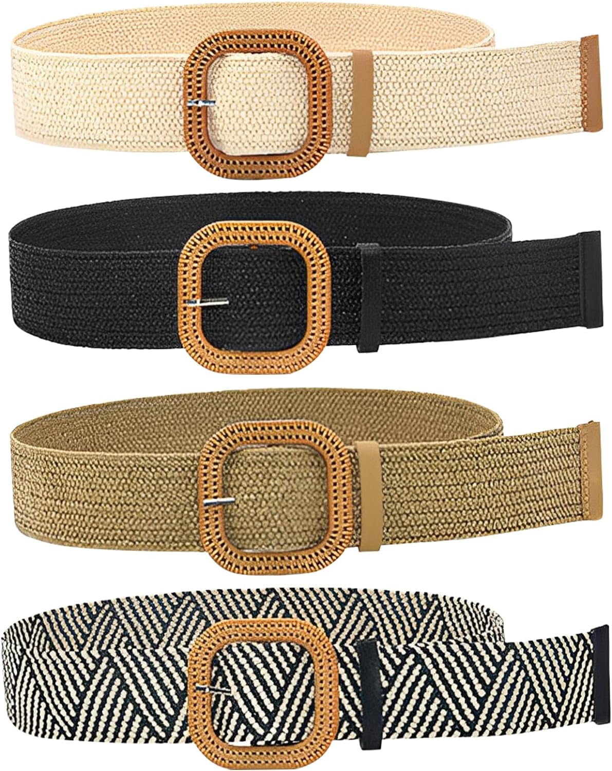 4 Pack Straw Boho Woven Elastic Stretch Waist Belts, Waist Braided ...