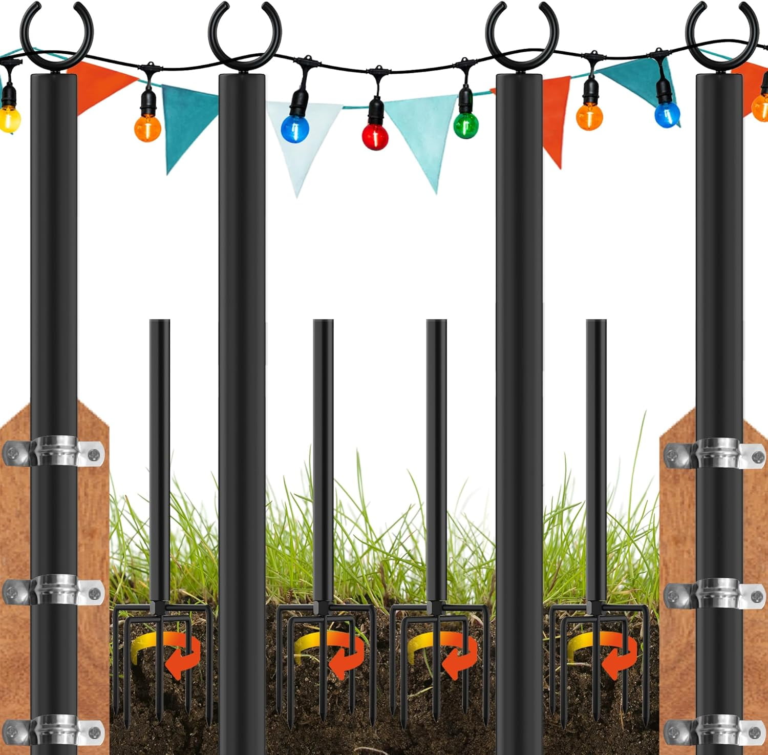 4 Pack String Light Poles, 9FT Heavy Duty Metal Light Poles for Outside ...