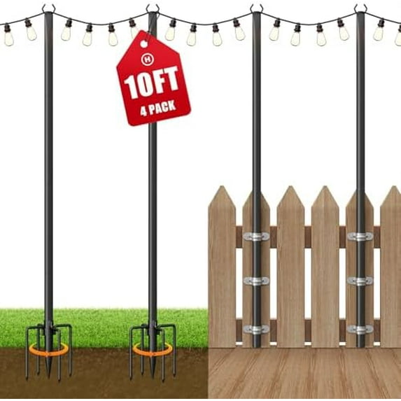 4 Pack String Light Poles for Outside, 10Ft Adjustable Outdoor Light ...