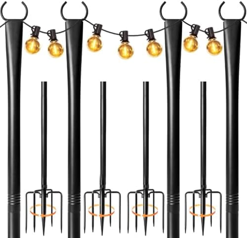 4 Pack String Light Poles for Outside, Heavy-Duty Metal Light Poles for ...