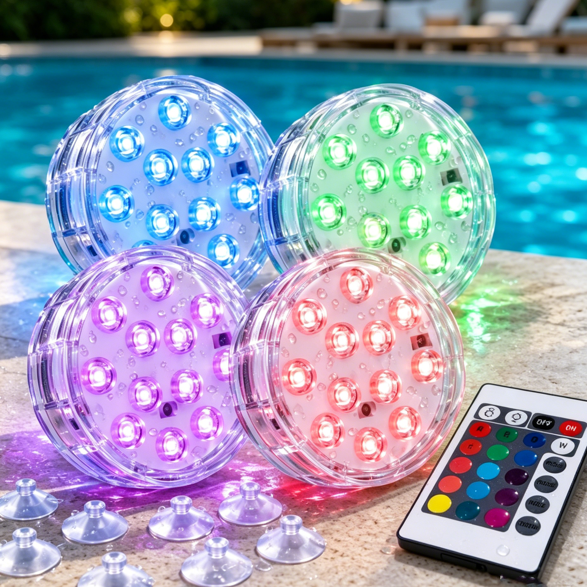 4 Pack Submersible LED Pool Lights with Remote, 10 LED Battery Powered ...