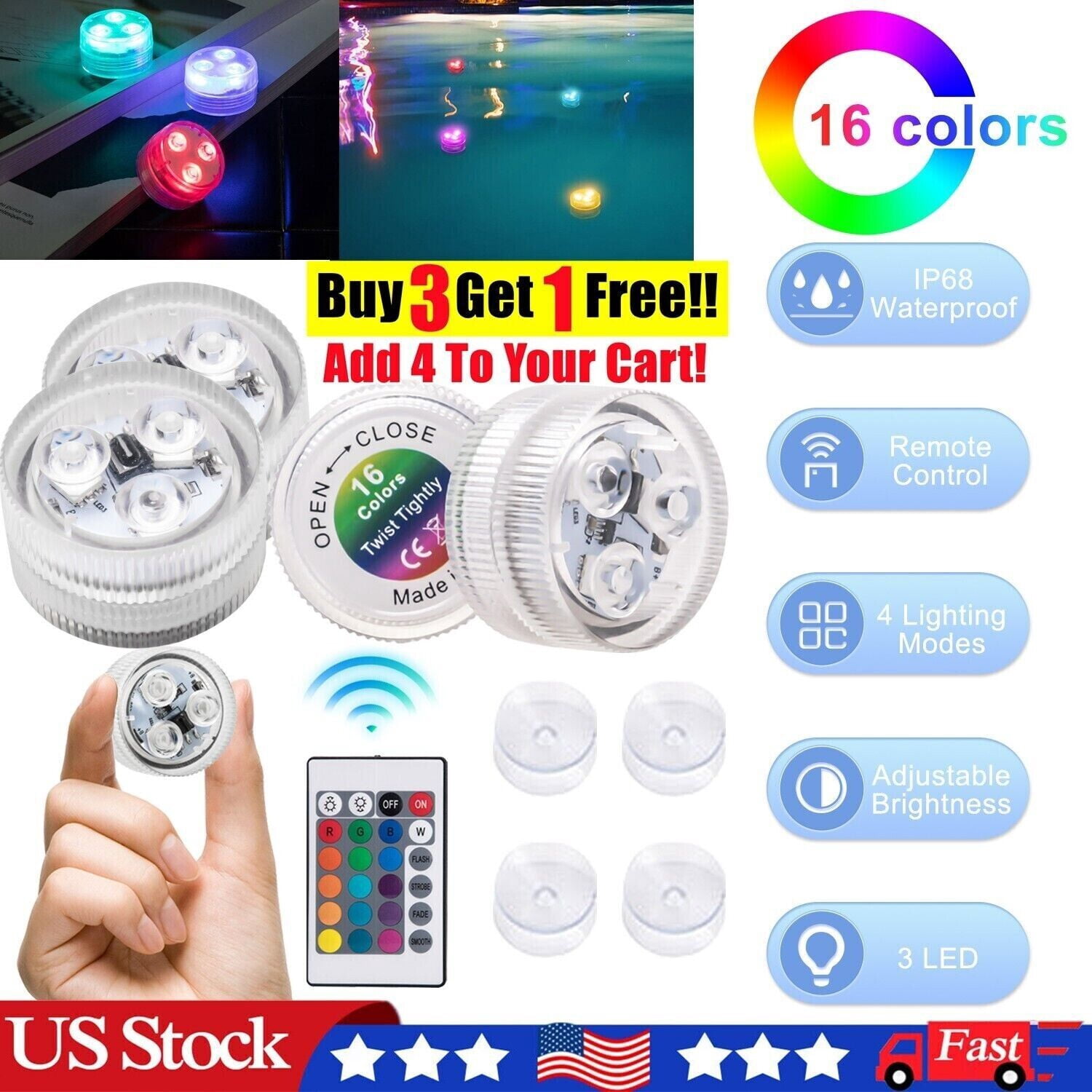 4 Pack Swimming Pool Light RGB LED Colorful Underwater Lighting ...