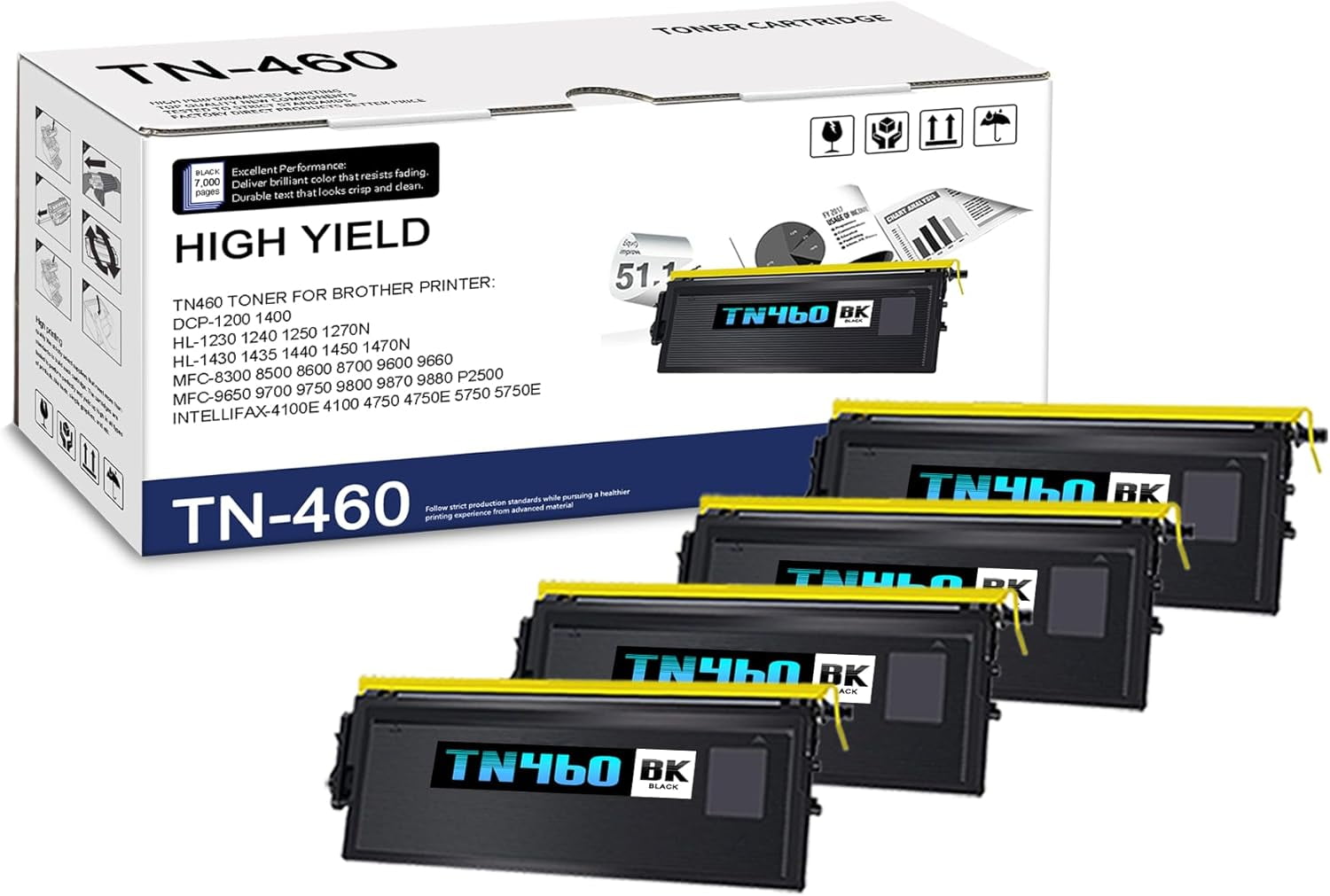 4-Pack TN460 High Yield Black Toner Cartridge, Replacement for Brother ...