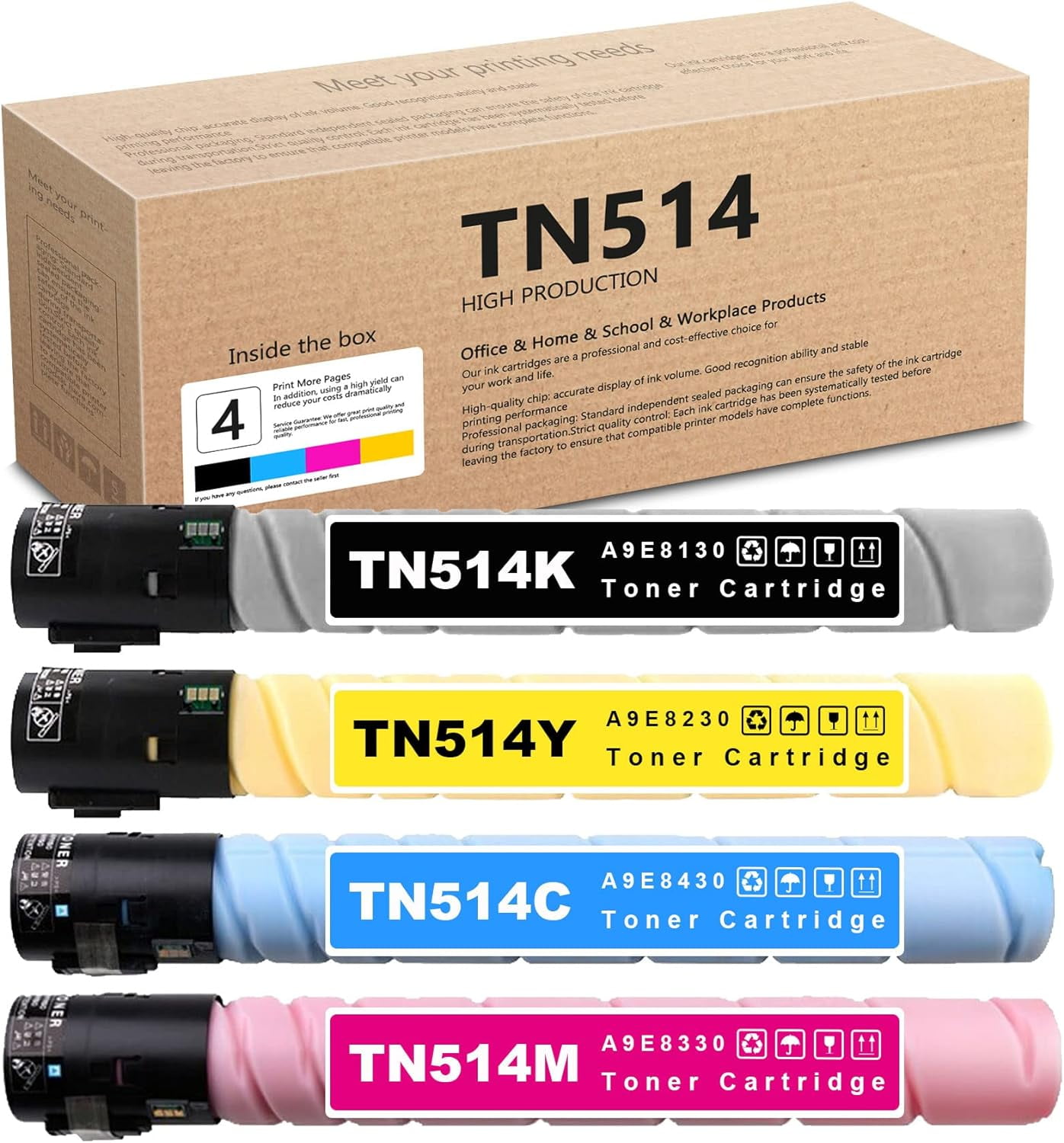 4-Pack TN514K TN514C TN514M TN514Y Toner Cartridge Set Replacement for ...