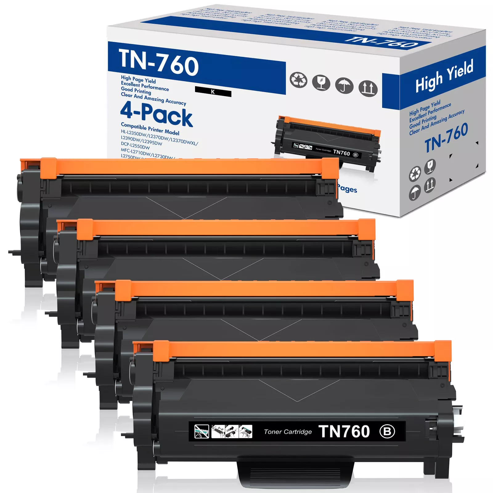 4 Pack TN760 TN-760 Toner Cartridge with Chip for Brother HL-L2390DW HL ...