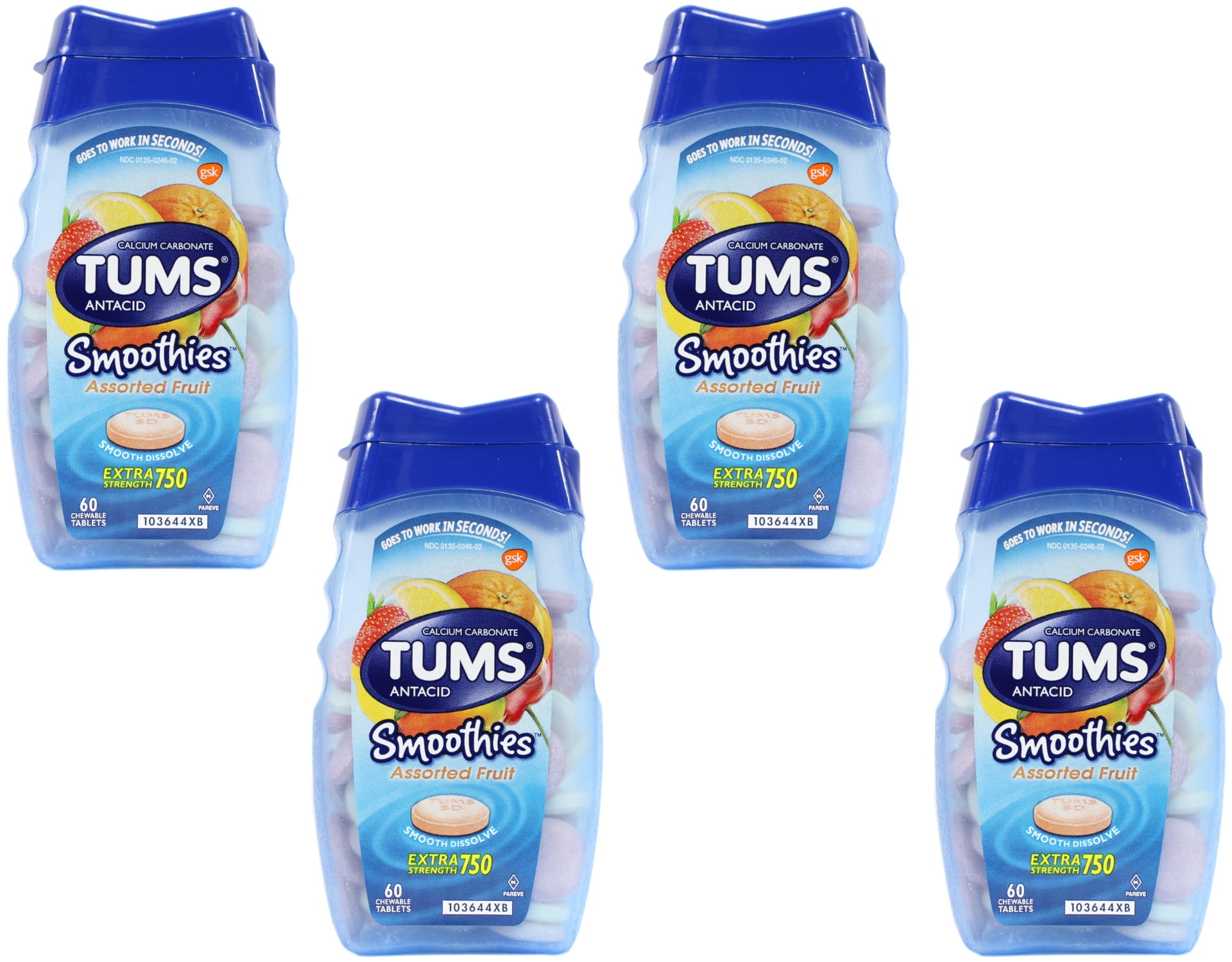 4 Pack - TUMS Smoothies Antacid/Calcium Supplement, Assorted Fruit, 60 ...