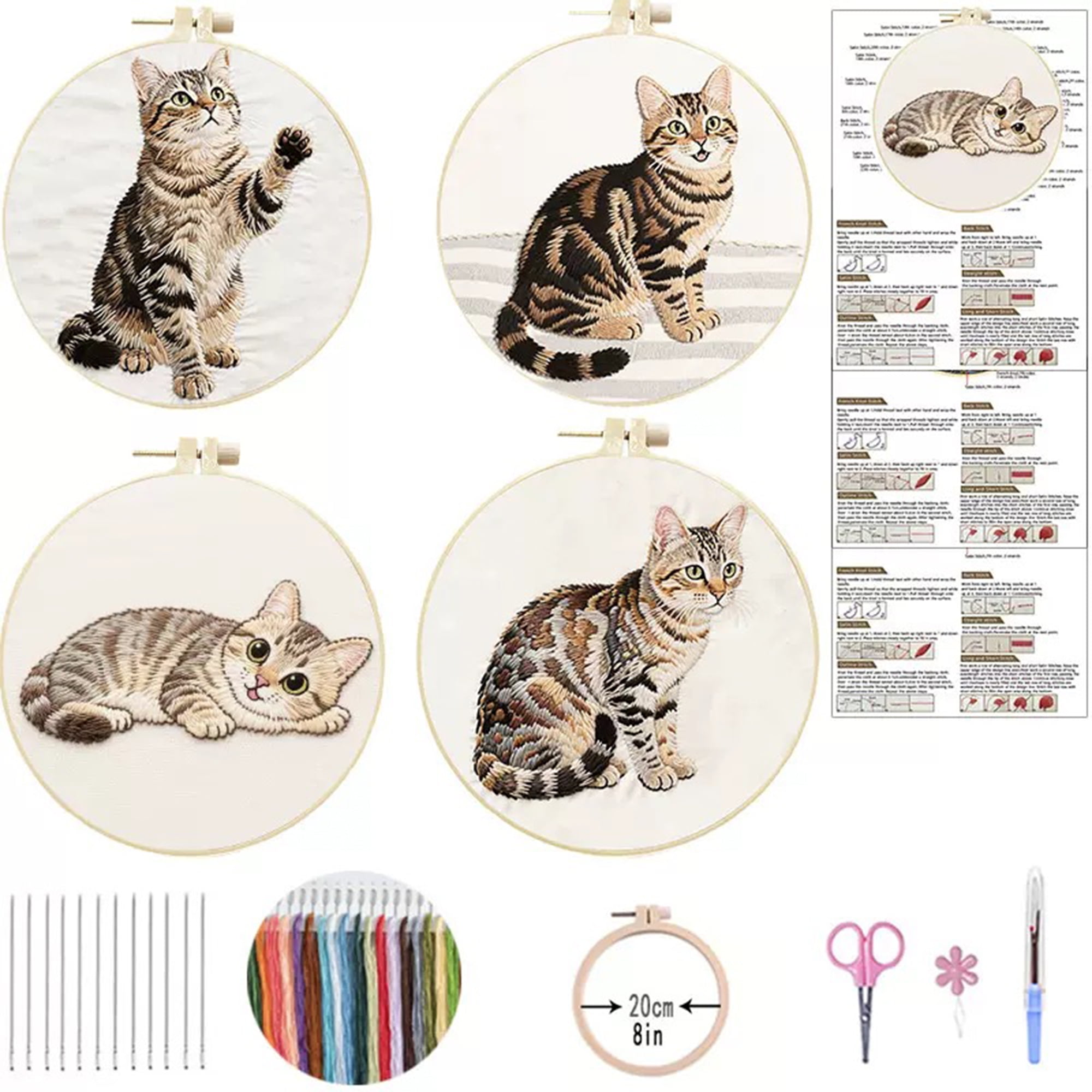 4‑Pack Tabby Cat Embroidery Kits DIY Cross Stitch Set for Beginners ...