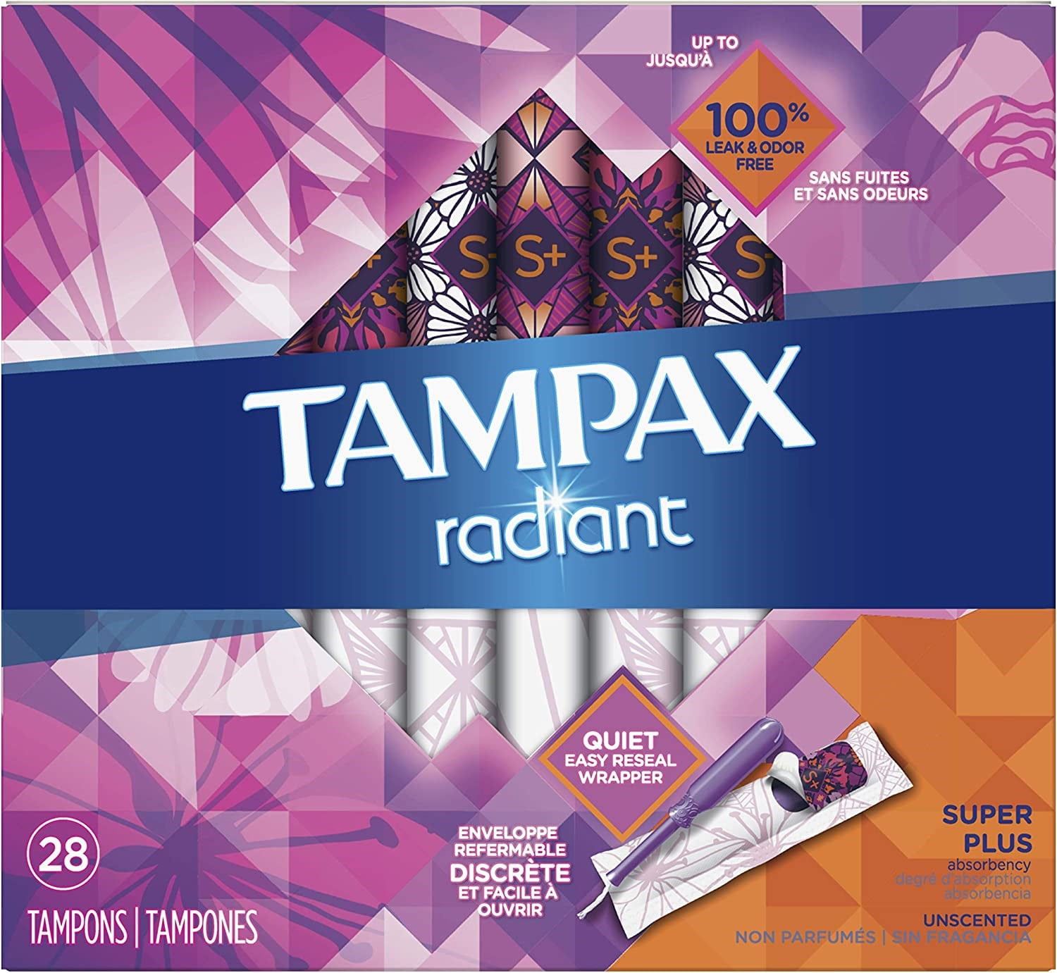 4 Pack - Tampax Radiant Plastic Tampons, Super plus Absorbency ...