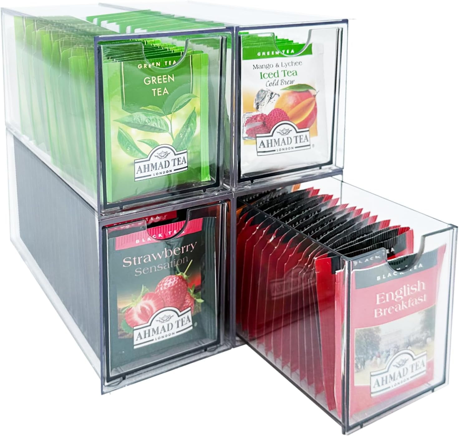 4-Pack Tea Bag Drawers Organizer - 4 Clear Plastic Drawer Tea Bag ...