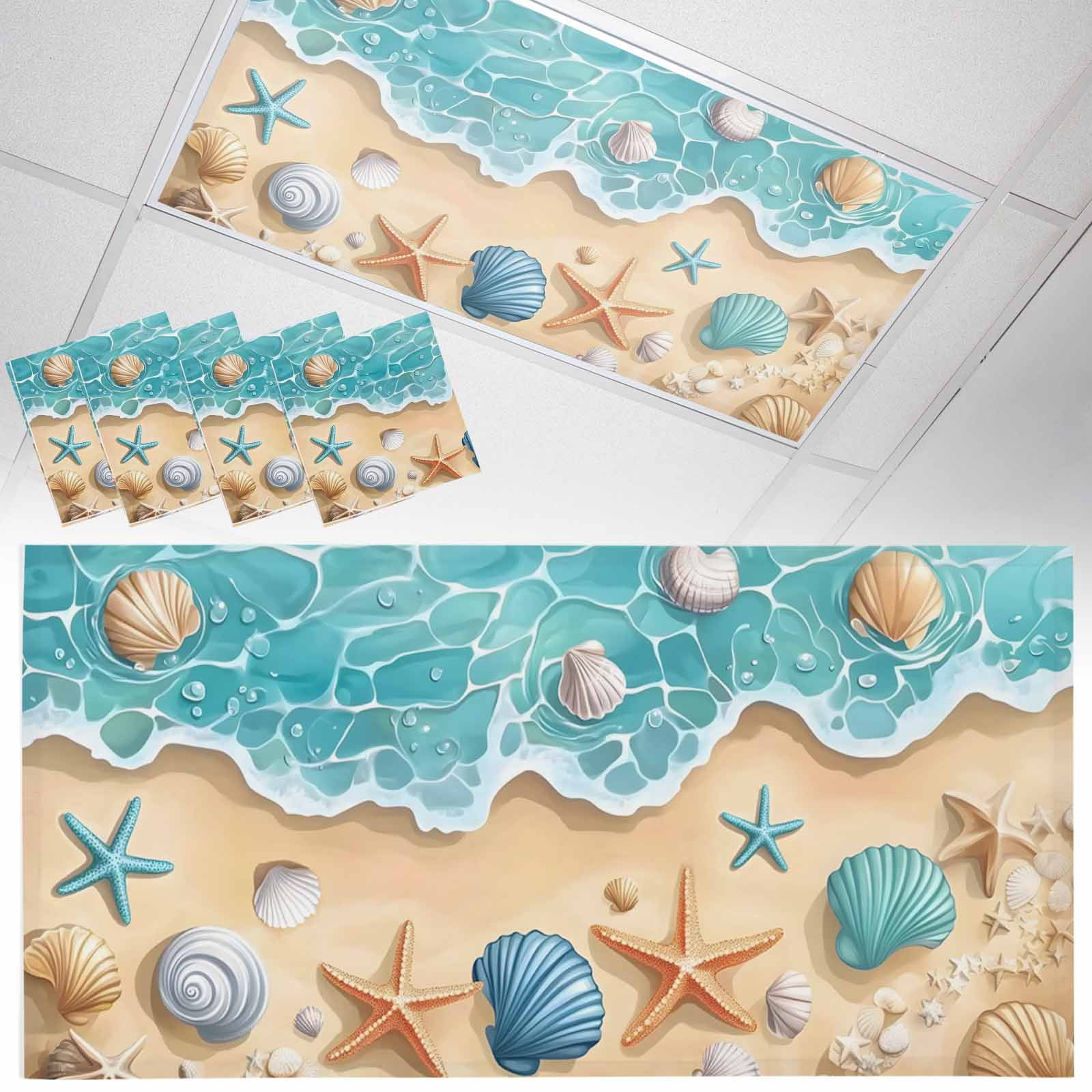 4 Pack Teal Beach Fluorescent Light Covers for Ceiling Lights Water Ripped Starfish Shell Shore ...