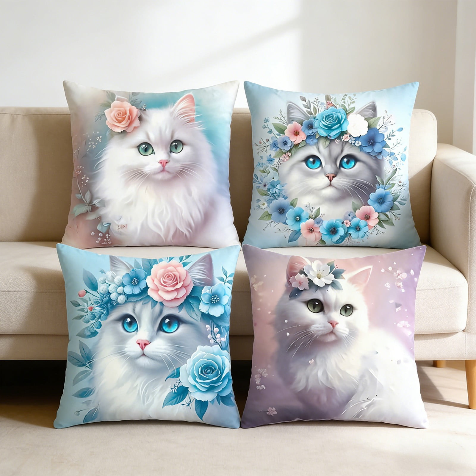 4 Pack Throw Pillowcases Set 18x18 Inch, Cat Patterns Pillow Covers ...