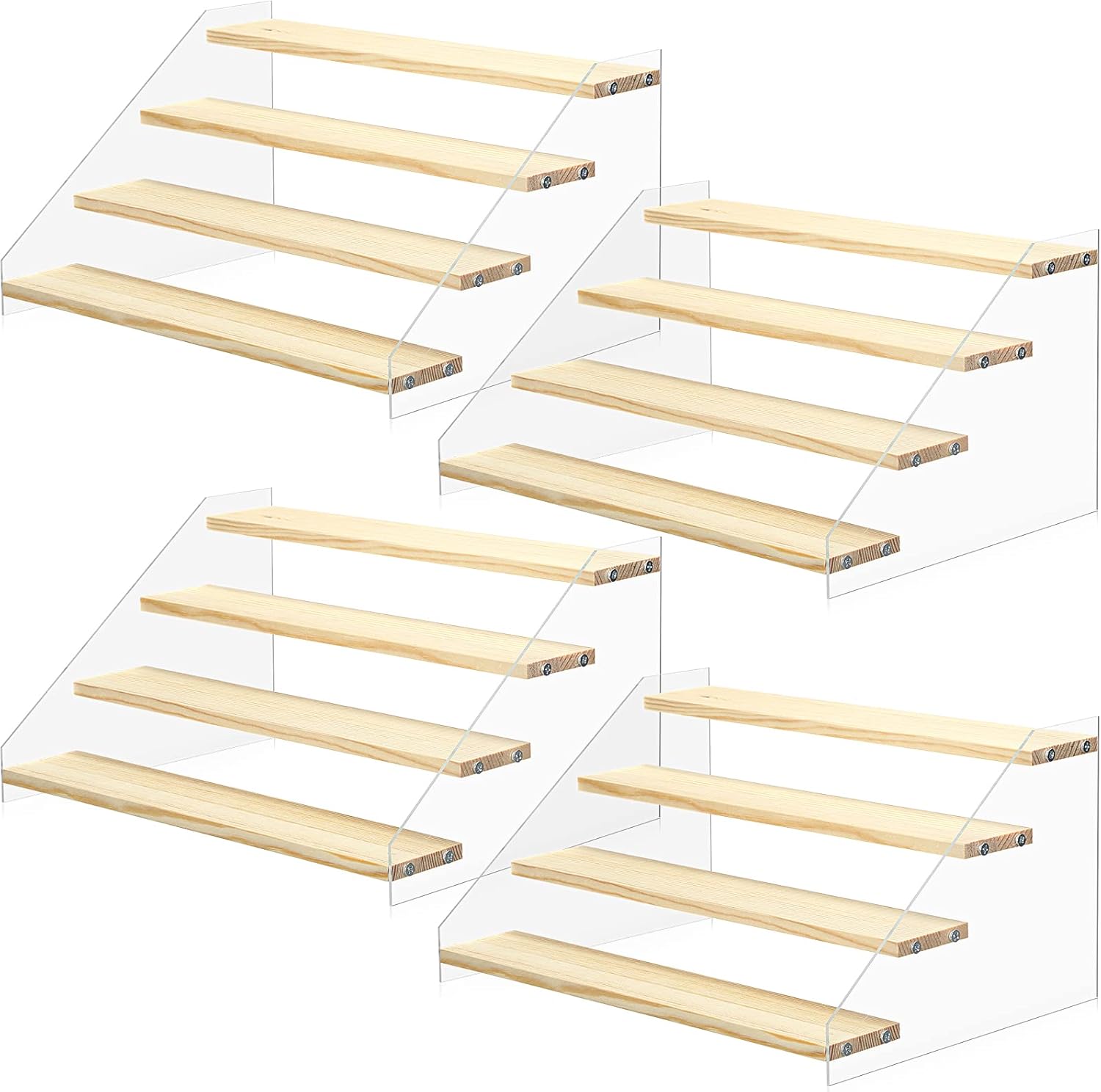 4 Pack 4 Tier Acrylic Wooden Display Stand, Clear Acrylic Display Riser Shelf Wood Tiered ...