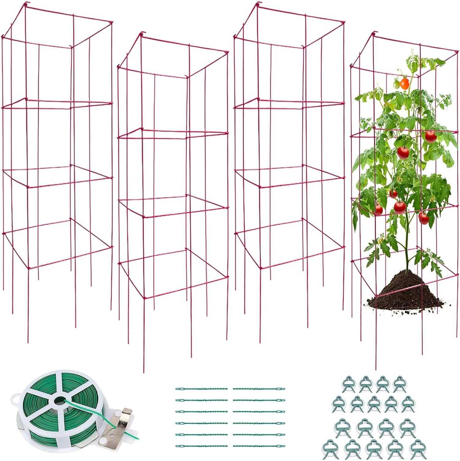 4 Pack Tomato Cage, Folding Tomato Cage Heavy Duty Metal Square Tomato ...