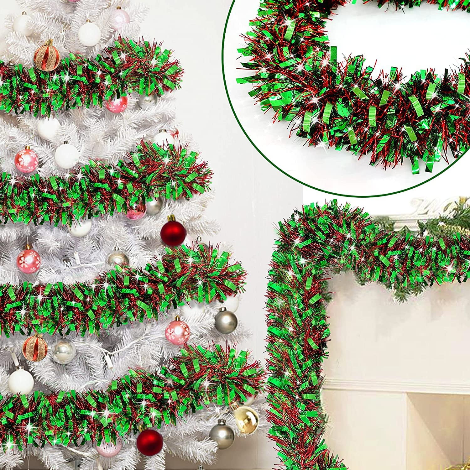 4 Pack Total 28 Ft Tinsel Garlands Tree Decorations, Thick Thin ...
