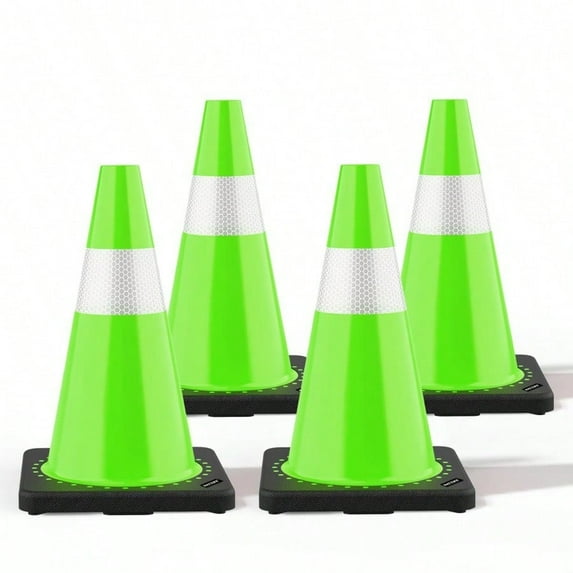 4 Pack Traffic Cones 18 Inch With Black Weighted Base PVC Green Cone ...