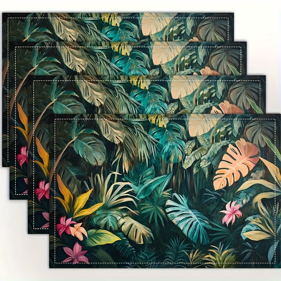 4-Pack Tropical Jungle Print Placemats, Linen Square Table Mats, 12x18 ...