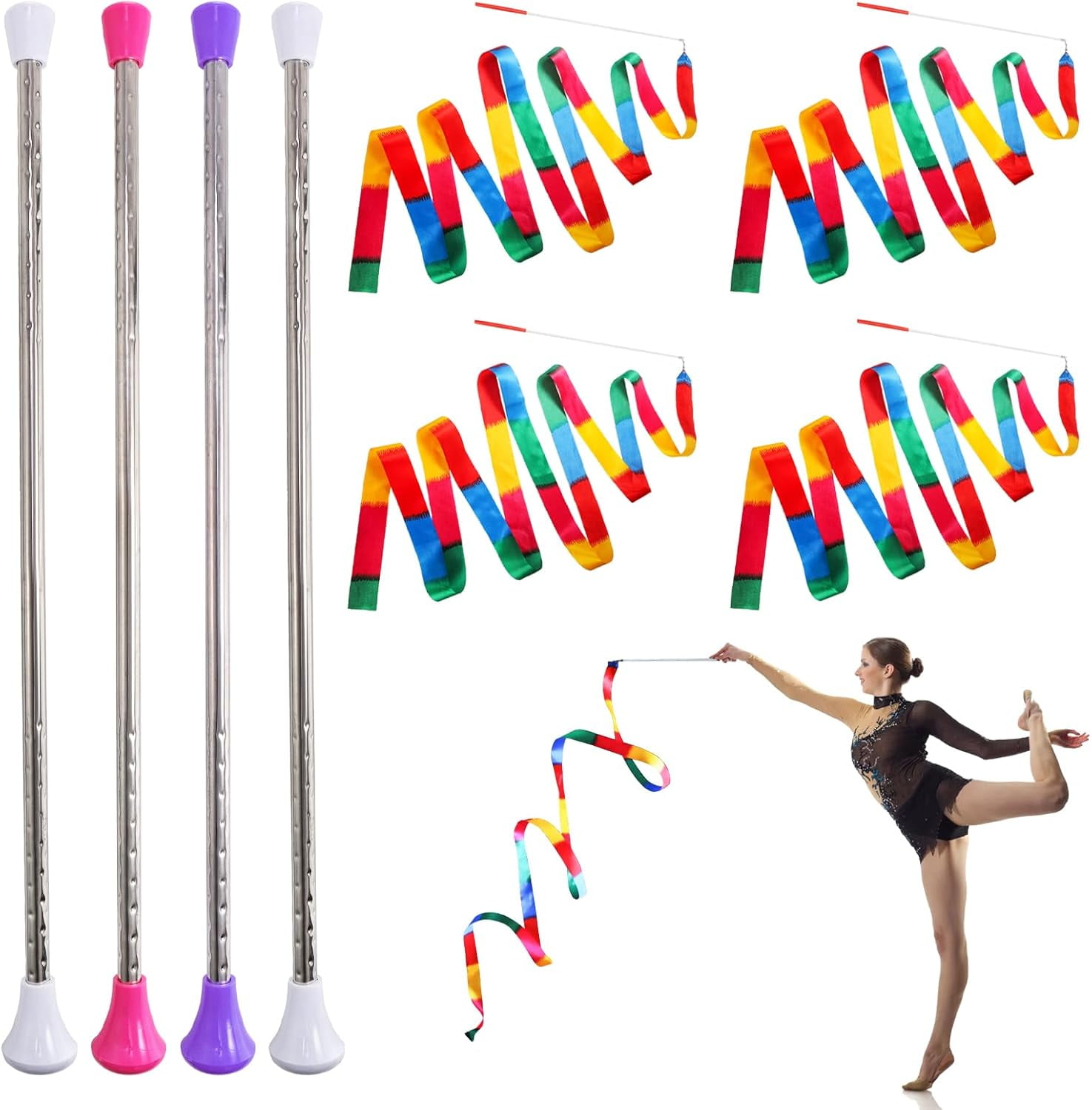 4 Pack Twirling Batons and 4 Piece Colorful Dance Ribbons, 21 Inch ...