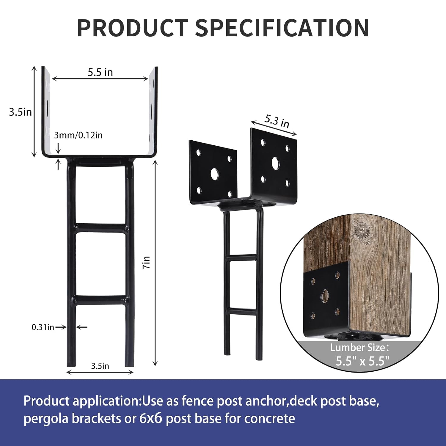 4 Pack U Shape Post Anchor, 6"x 6" Post Base for Concrete, Design ...