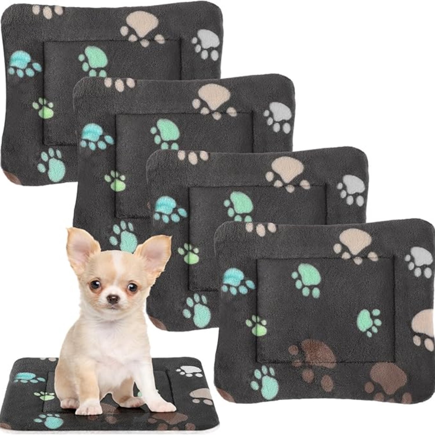 4 Pack Ultra Soft Dog Cat Bed Mat with Cute Prints Reversible Dog Crate ...