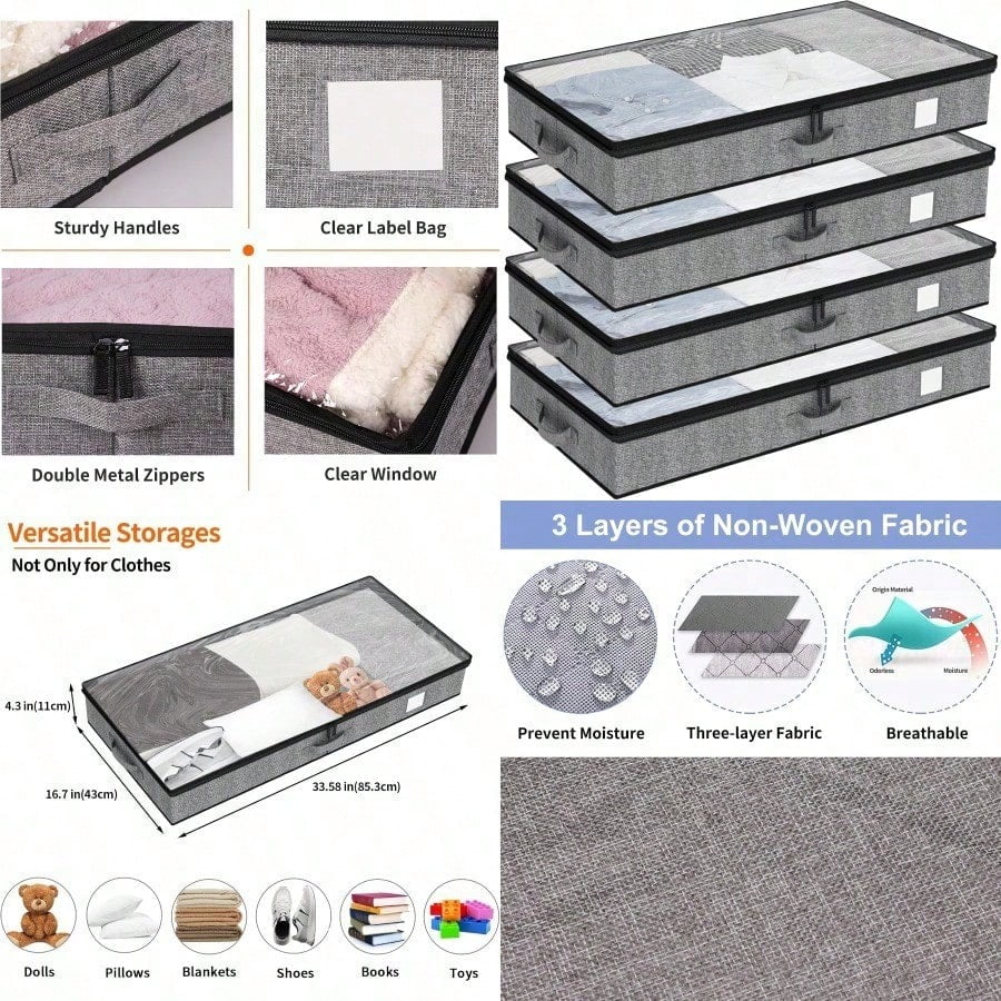 4 Pack Underbed Storage Containers Below 4.5 Inches Low Profile Under ...