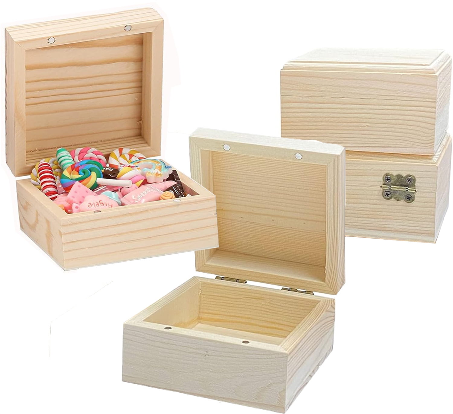 4 Pack Unfinished Wooden Boxes with Hinged Lids,Bexikou Wood Storage ...