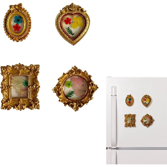 4-Pack Vintage Fridge Magnets with 3D Epoxy Flowers, Golden Border ...
