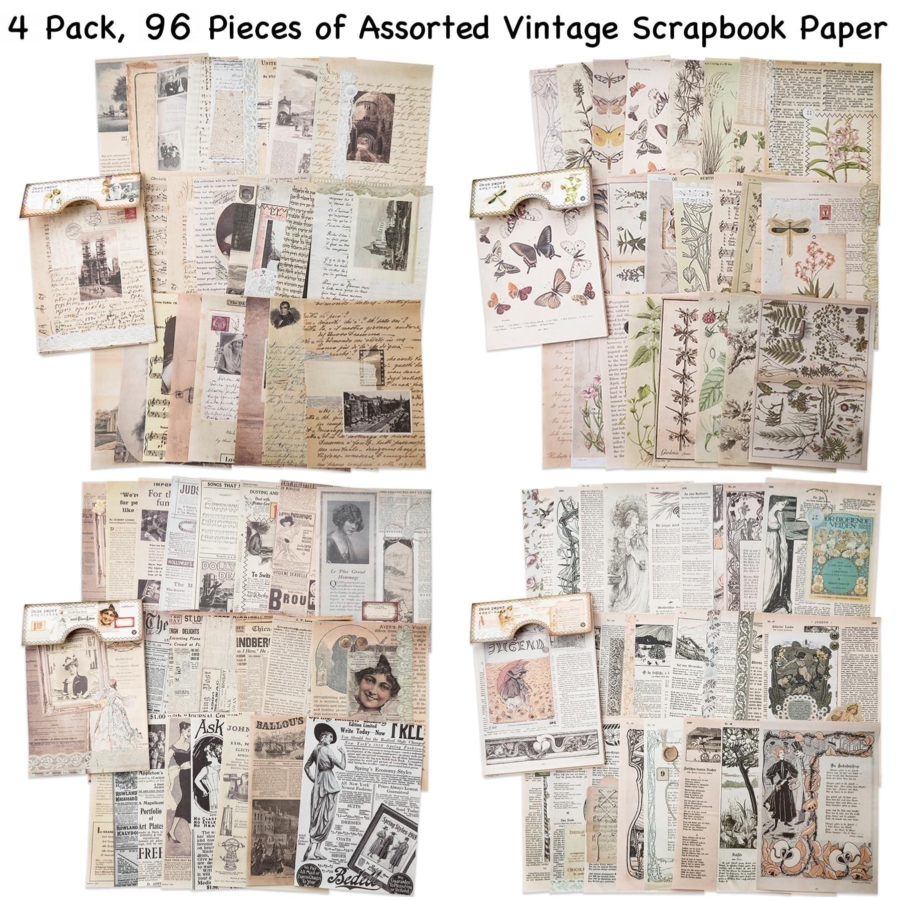4 Pack Vintage Scrapbook Paper Kit for Journaling - 96 Sheets Decoupage ...