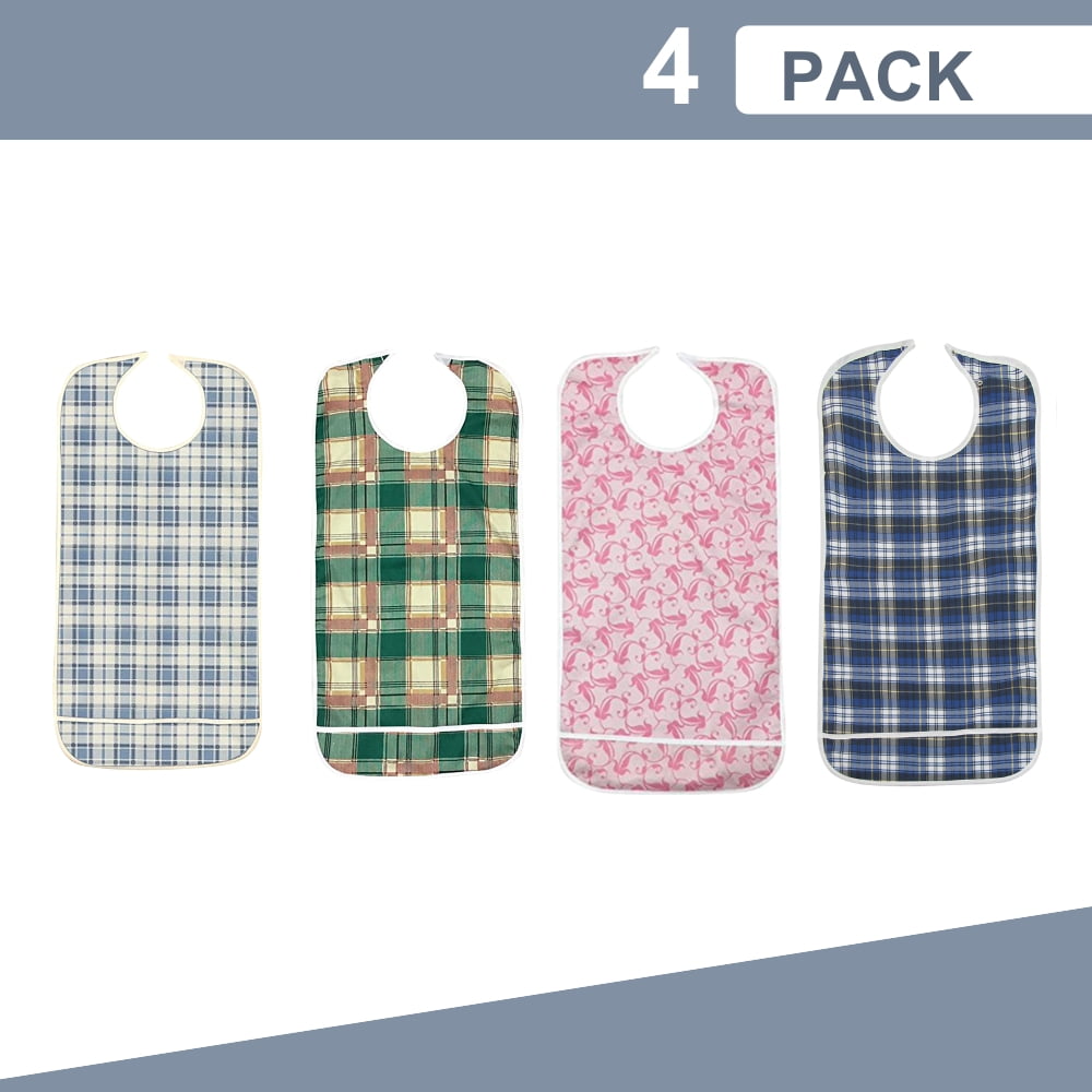 4 Pack Vinyl Backing Adult Bibs with Crumb Catcher and Velcro Closure ...