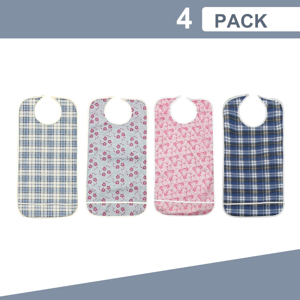 4 Pack Vinyl Backing Adult Bibs with Crumb Catcher and Velcro Closure ...