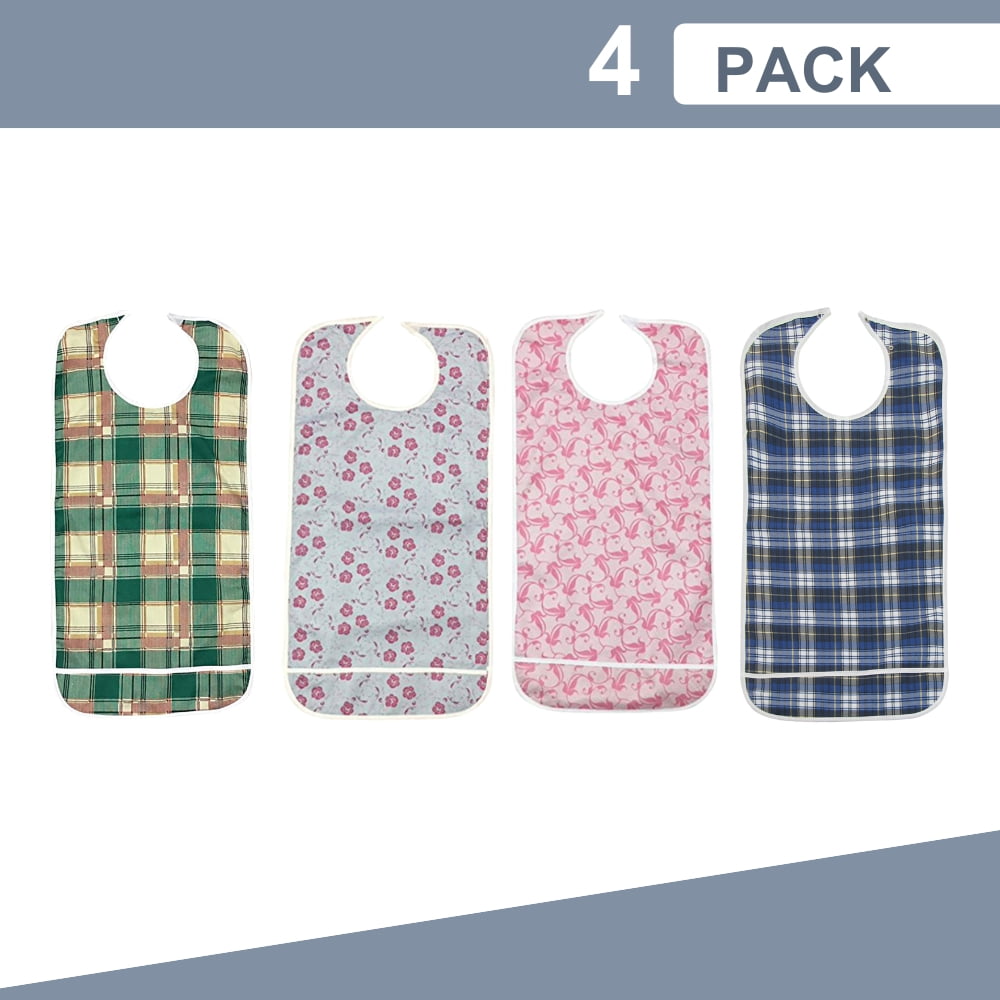 4 Pack Vinyl Backing Adult Bibs with Crumb Catcher and Velcro Closure ...