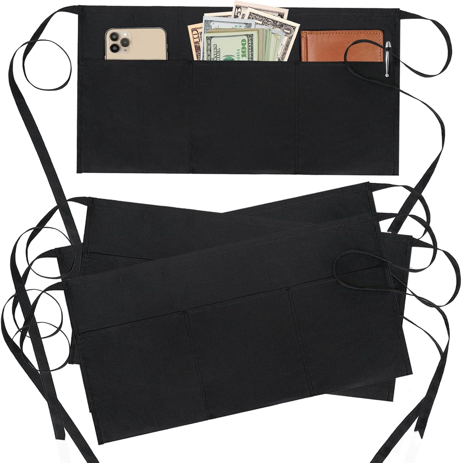 4 Pack Waitress Apron With 3 Pockets-Black Server Aprons-Waiter Short ...