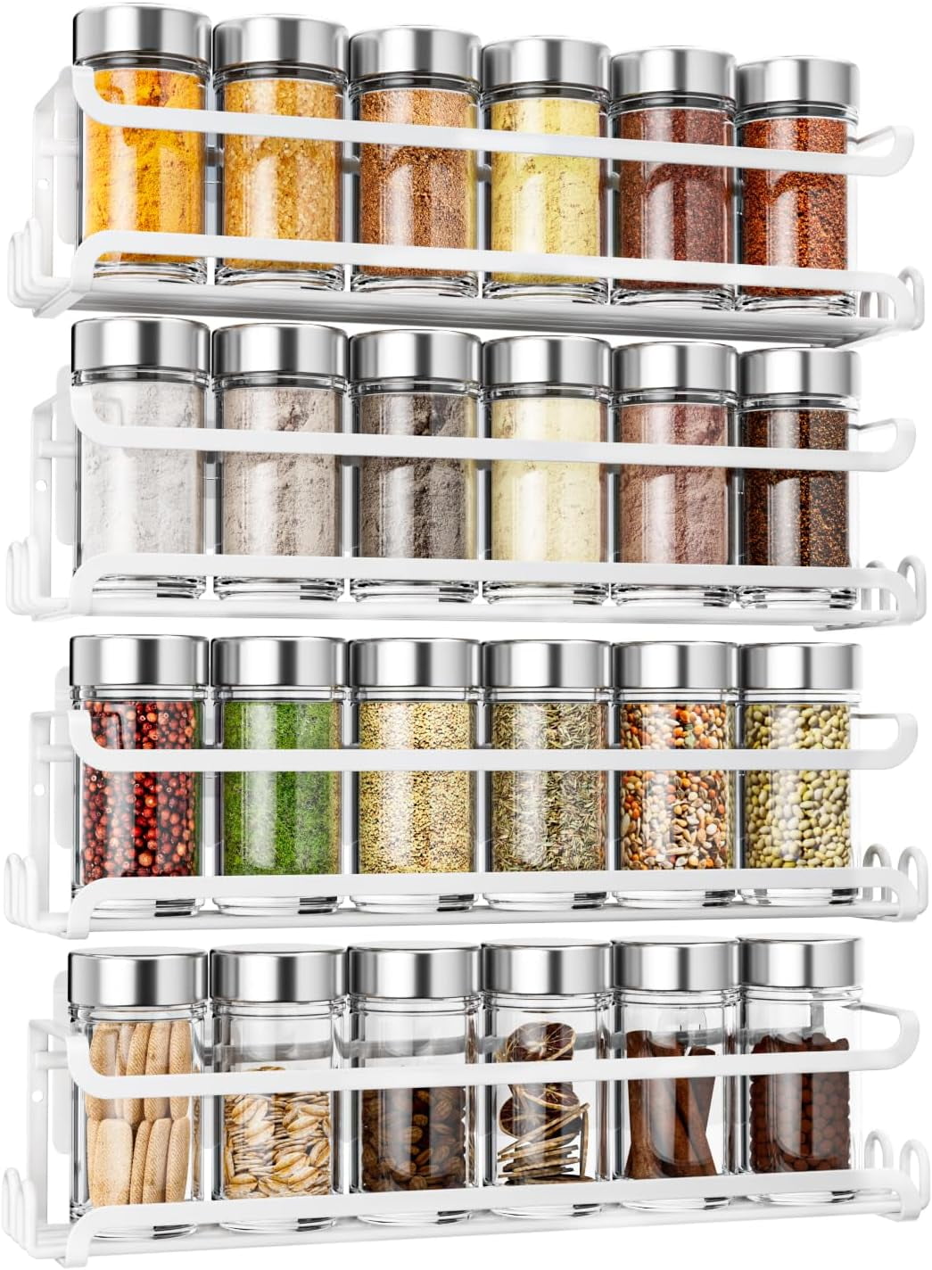 4-Pack Wall-Mounted Spice Rack with 16 Hooks, Adjustable Spice ...