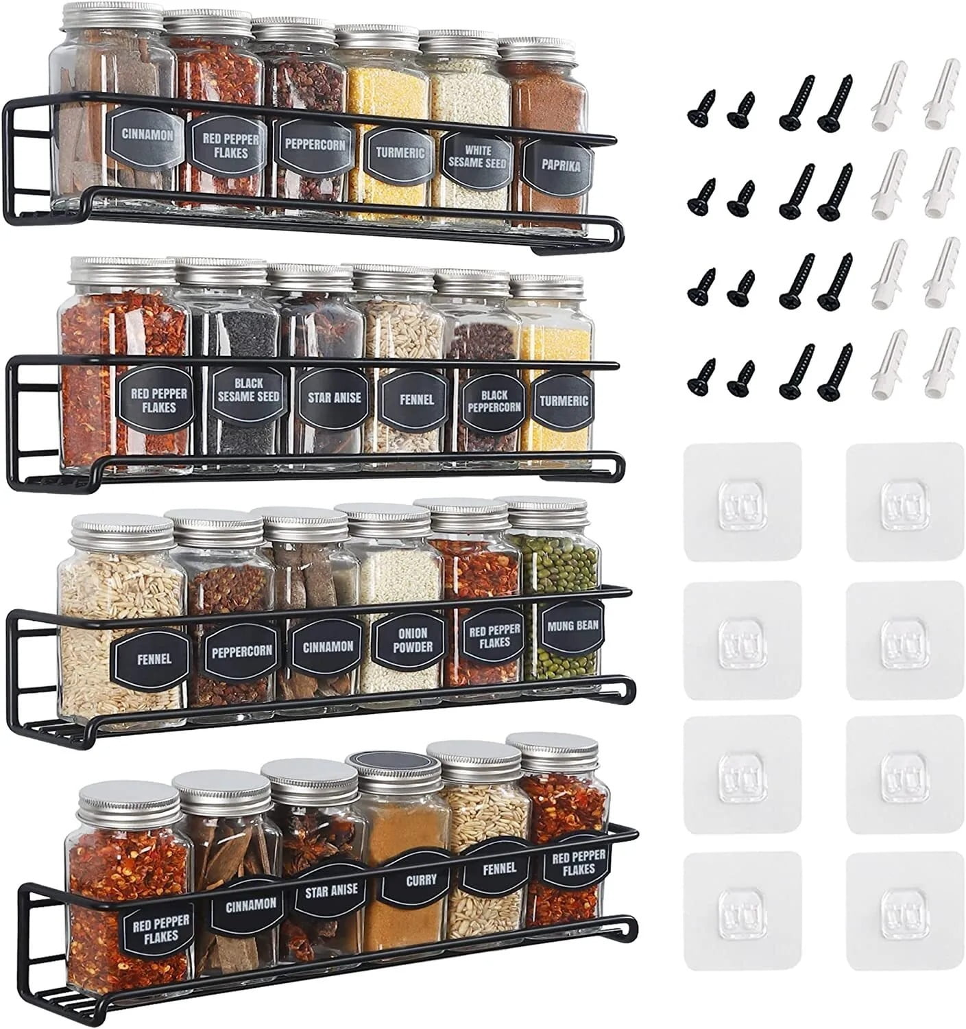 4 Pack Wall-Mounted Spice Rack Organizer, Carbon Steel Storage Shelf ...