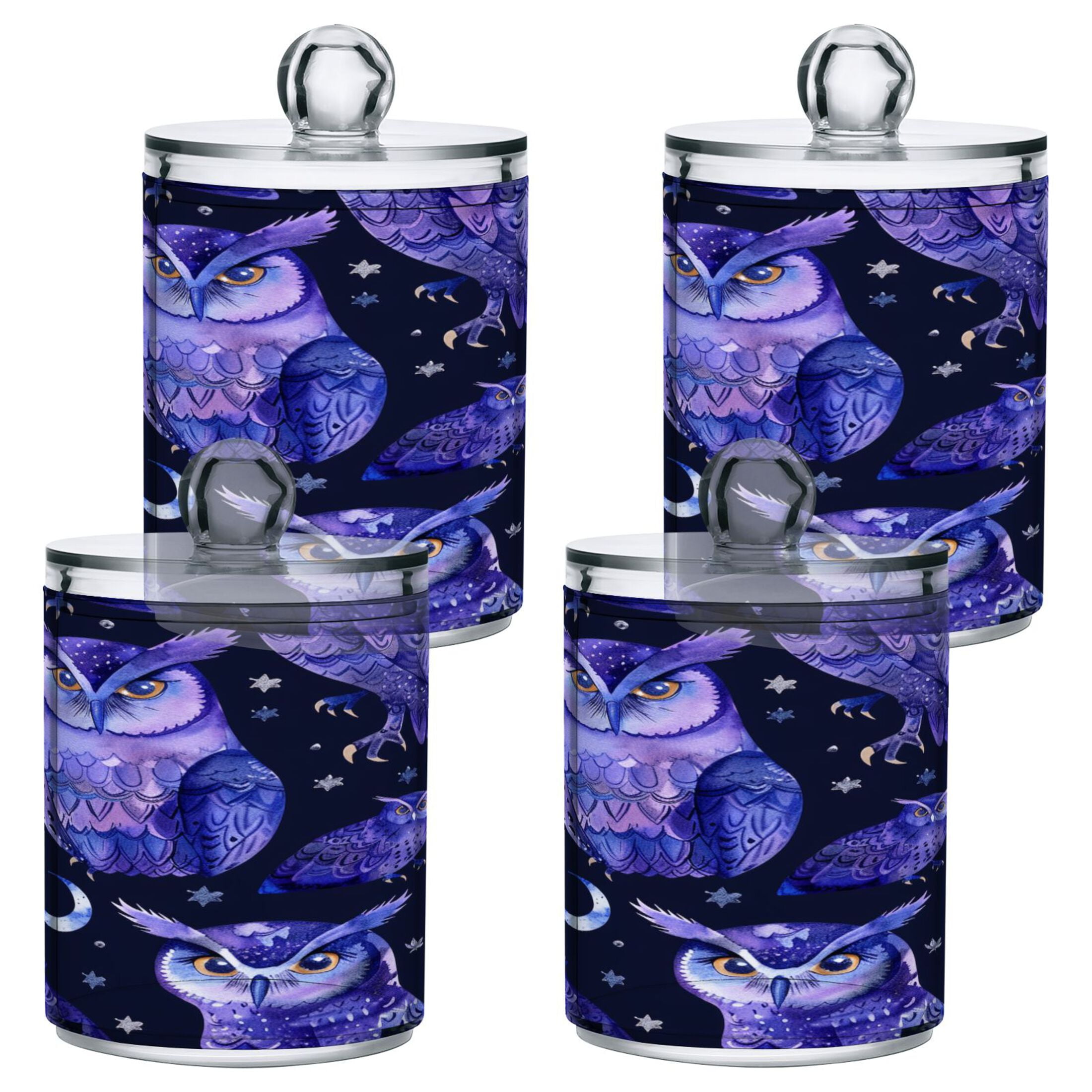 4 Pack Watercolor Owls and Moon Qtip Holder Dispenser Clear Plastic ...