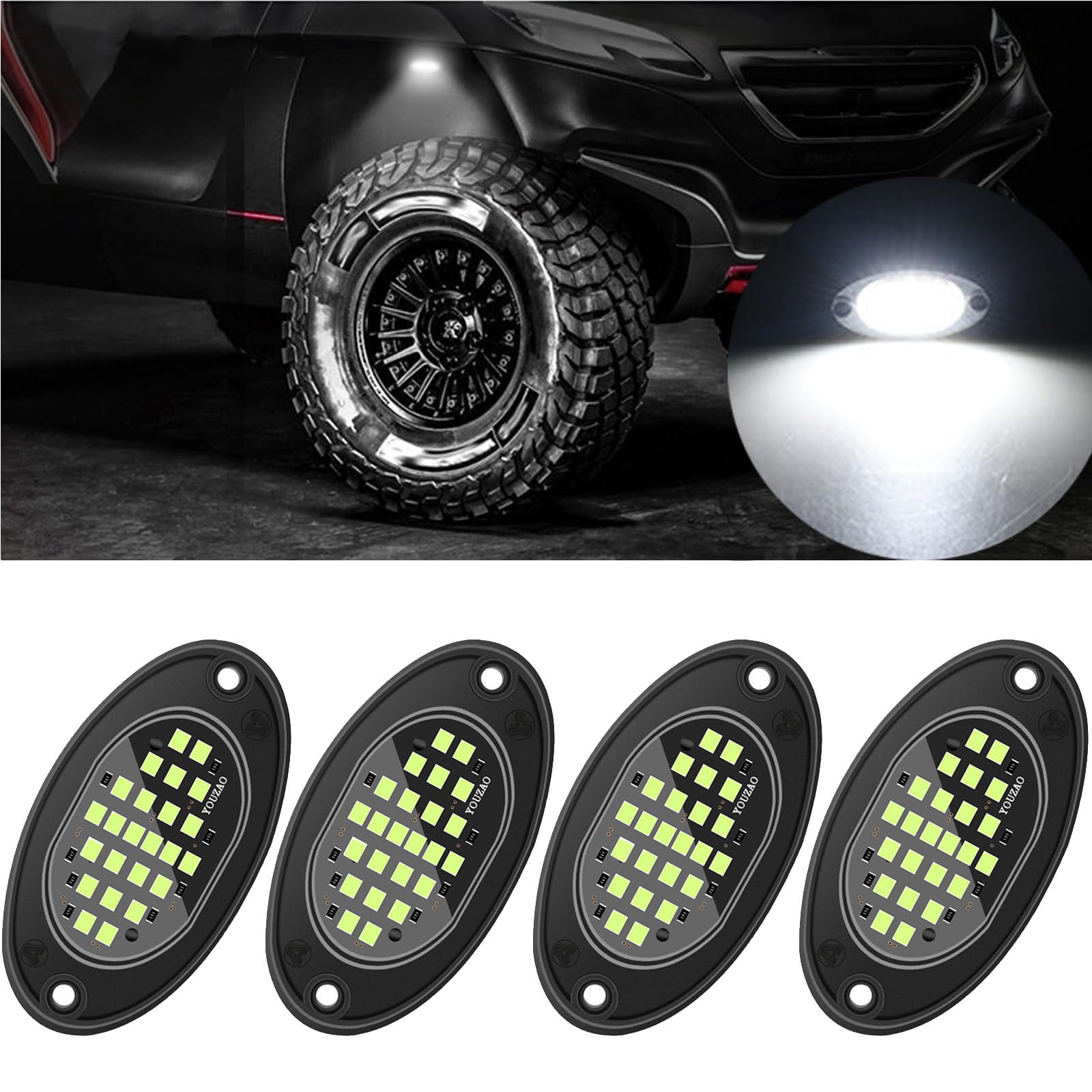 4-Pack Waterproof Rock Lights SSF20 for Jeep & Trucks - Pure White COB ...