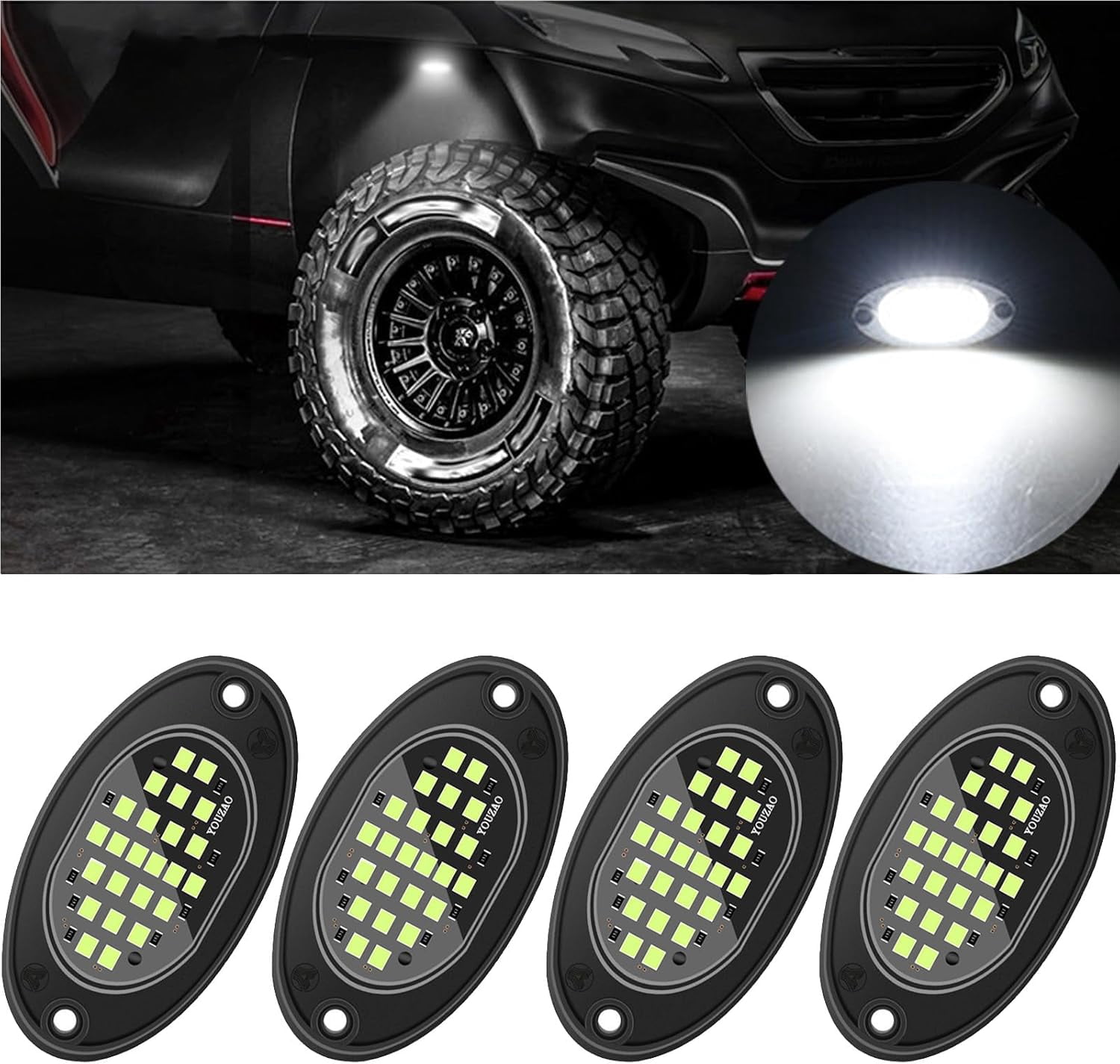 4-Pack Waterproof Rock Lights for Jeep & Trucks - Pure White COB LED ...