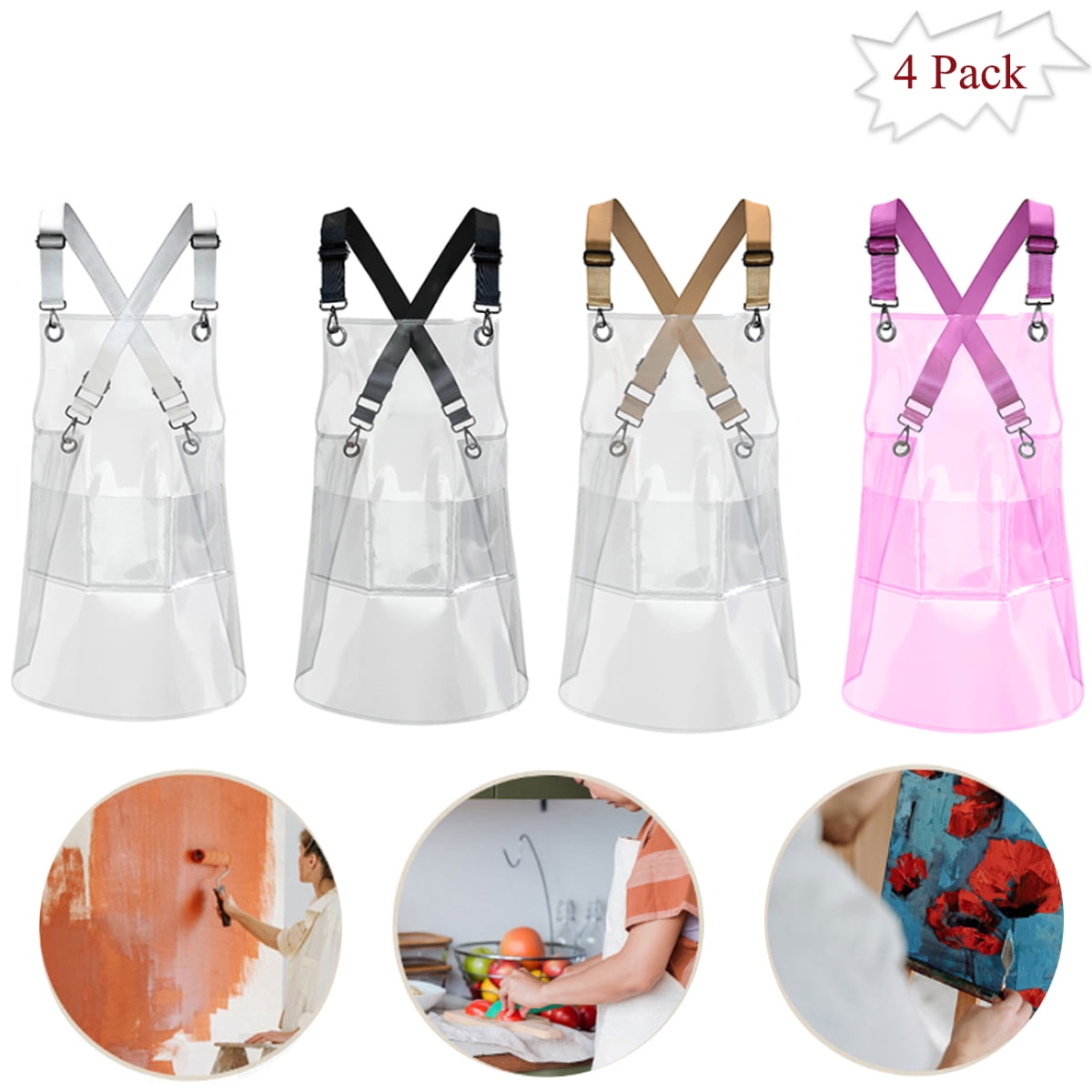 4 Pack Waterproof Transparent Aprons, Cross-back Adjustable Apron with ...