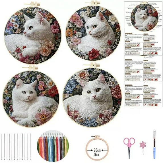 4 Pack White Cat Embroidery Kits for Adults Beginners Realistic Floral ...