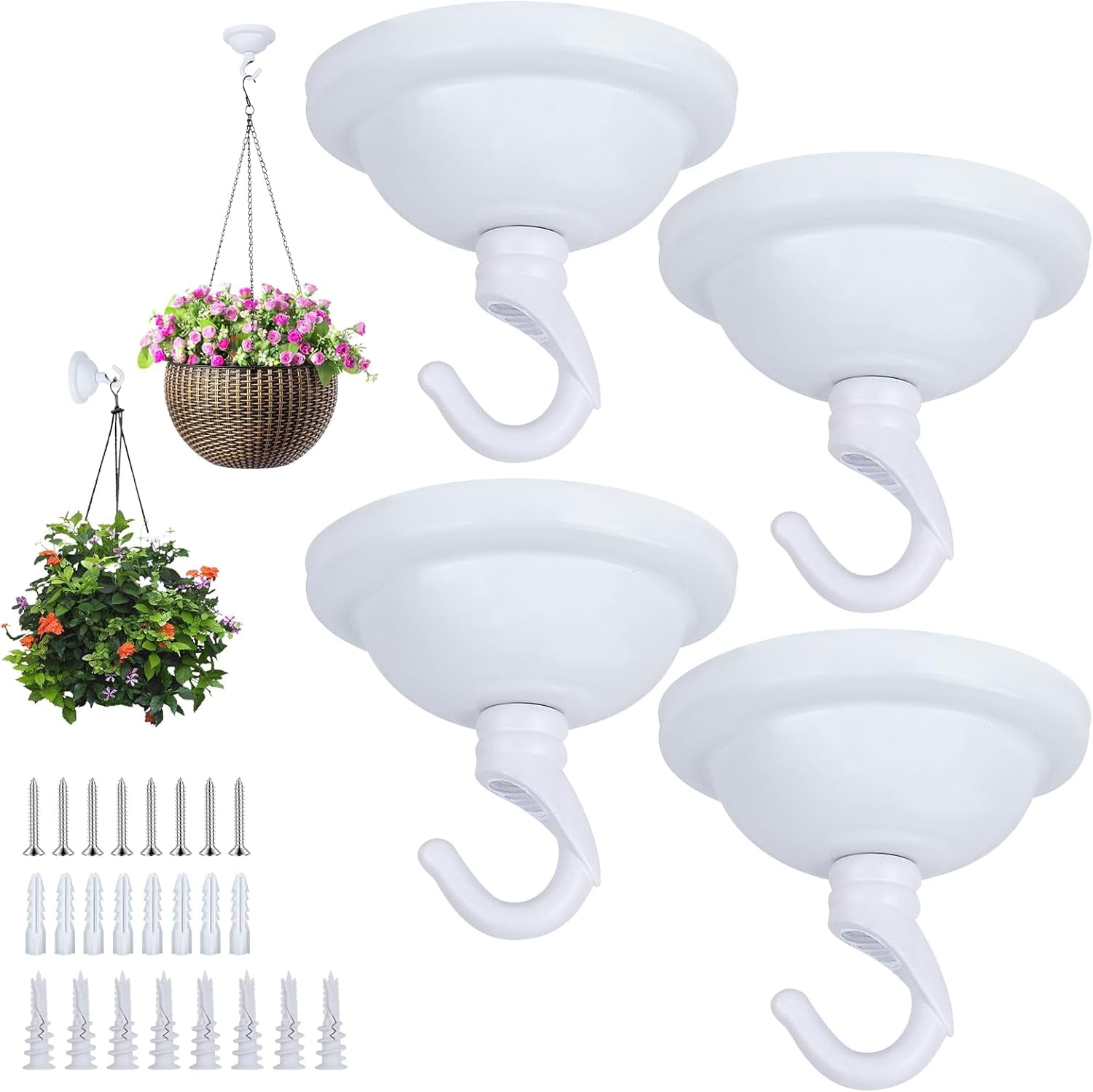 4 Pack White Ceiling Hooks for Hanging Plants, Heavy Duty Metal Plant ...