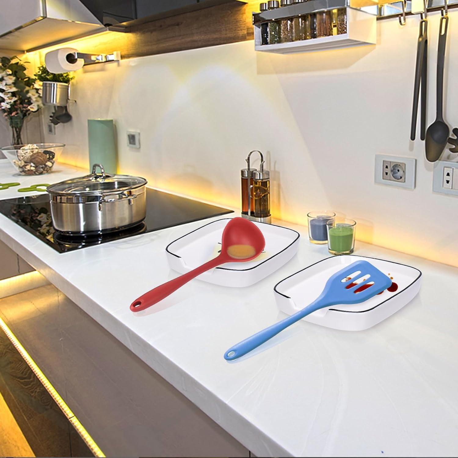 4 Pack White Ceramic Spoon Rest with Metal Holder - Heat Resistant ...